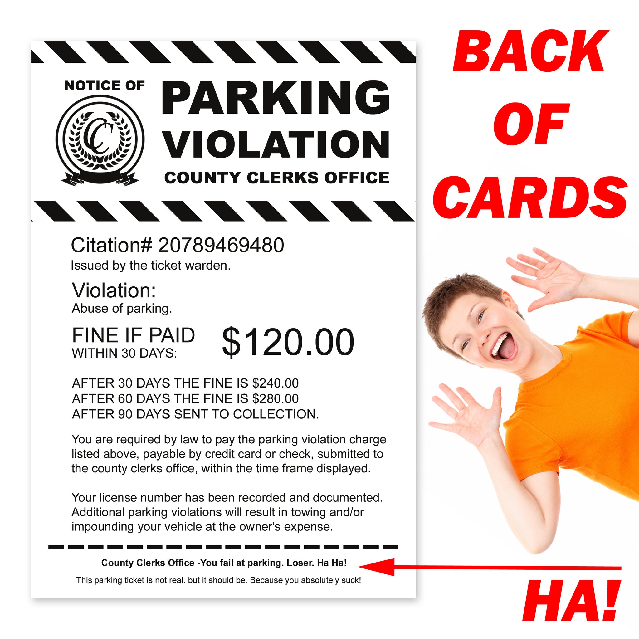 Variety Pack Fake Warning Tow Away Zone Parking Violation Prank Cards ...